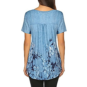 Halife Womens Tops Hide Belly Tunic Short Sleeve Summer Blouses Casual Floral Henley Shirt Blue M
