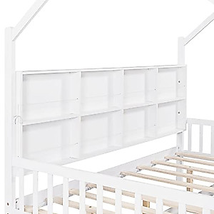 BIADNBZ Full Size House Platform Bed with Trundle and Storage Shelf, Wooden DayBed Frame w/Wood Slats Support for Kids Teens Bedroom, No Box Spring Needed,White