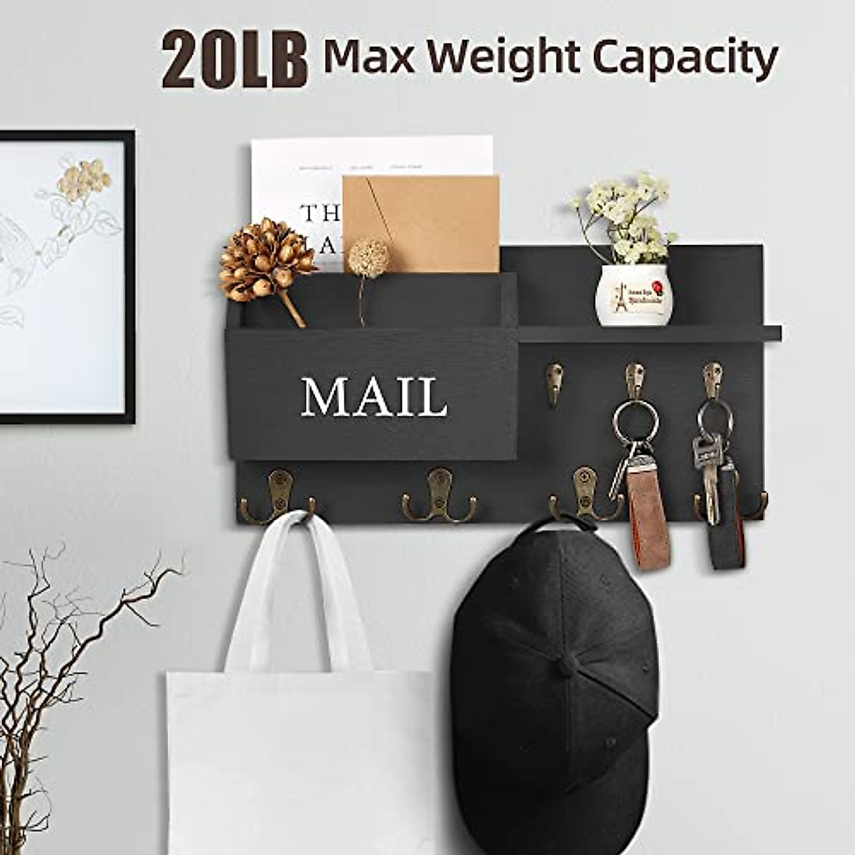 Heylor Key Holder for Wall, Mail and Key Hanger Wall Mount with Double Key Hook and Hat Coat Rack Shelf Decor,Key Organizer Suitable for Entryway, Hallway, Dog Leashes,House and Living Room, Black