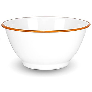 Red Co. Set of 2 Enamelware Metal Large Classic 4 quart Round Salad Serving Bowl, Solid White/Orange Rim