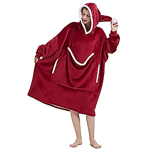 Cozystar Wearable Blanket Hoodie With Giant Pocket （Cat Approved） Christmas Hat Extra Soft Sherpa Fleece Thick Warm ＆ Cozy Oversized Blanket Jacket With Sleeves Gifts For Adult Men Women - Burgundy