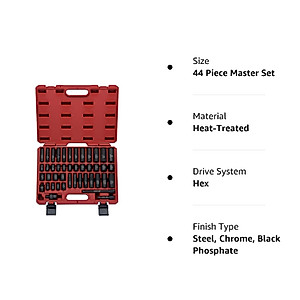 NEIKO 02440A 3/8-Inch-Drive Impact Socket Set, SAE Sizes 5/16" to 3/4" and Metric Sizes 8 mm to 19 mm, Includes Extension Bars and U-Joint, 44 Pieces