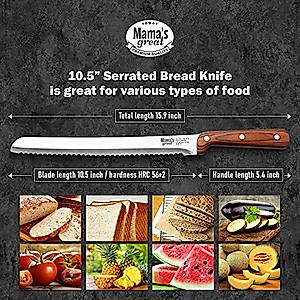 Mama's Great Ultra Sharp Serrated Bread Knife for Homemade Bread with 10.5 Inch Wide Wavy Edge