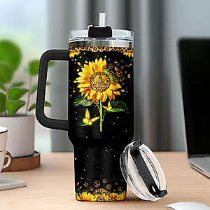 99WHALE Sunflower Leopard Motivational, Tumbler 40 Oz With Handle Lid And Straw, Sunflower Gifts, Black Handle Yellow Print Tumblers Women For Cups Coffee Butterfly Straws