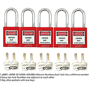 Lockout Tagout Lock 5pcs Set Loto Product Safe Padlocks for Lock Out Tag Out Stations and Devices (Red, Key Alike)