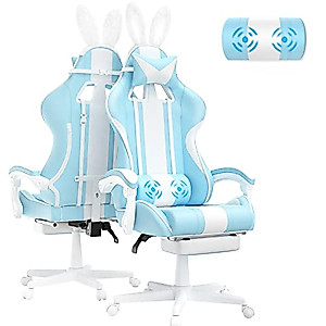 Ferghana Light Blue Gaming Chair with Bunny Ear, Cute Massage Gaming Chairs for Adults & Teens, Office PC Gamer Chair with Footrest, Kawaii Computer Game Chair for Girls, Racing Reclining Silla Gamer