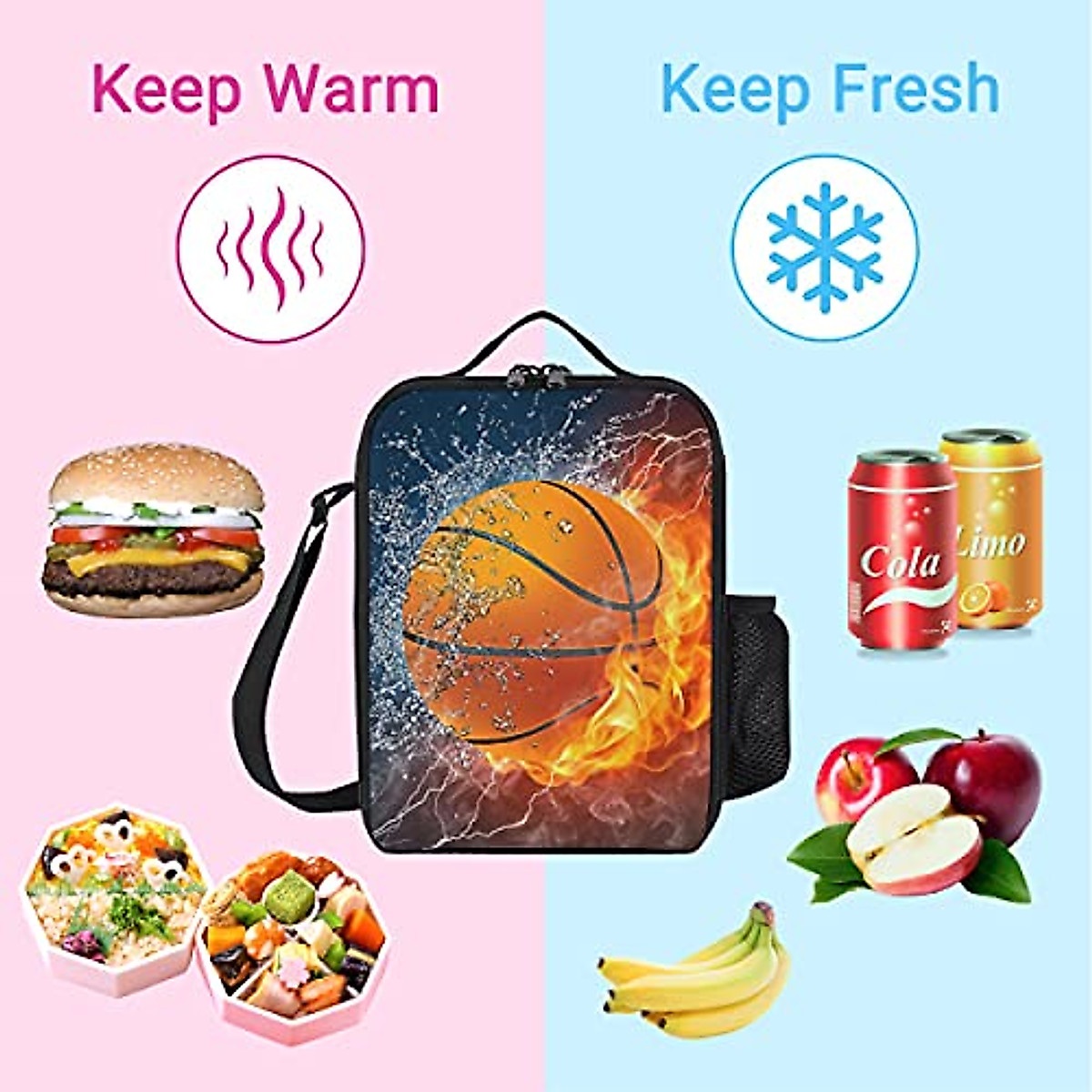 Insulated Lunch Box for Girls Boys, Leakproof Portable Lunch Bags with Adjustable Shoulder Strap and Side Pocket, Durable Reusable Cooler Tote Bag for Beach/Picnic/Office/Collega (Basketball)