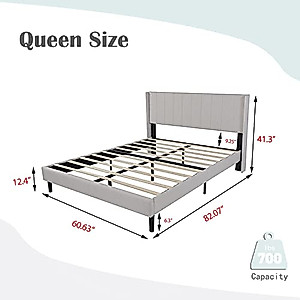 Upholstered Bed Frame Queen with Wingback Headboard/No Box Spring Needed/Wooden Slat Support/Easy Assemble/Light Gray