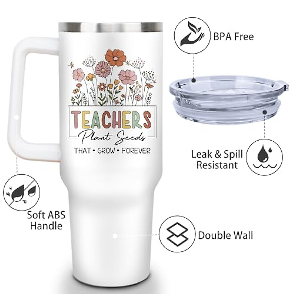 thmasamwr 40oz Teacher Tumbler with Handle, Stainless Steel Teacher Water Bottle Cup, Teacher's Travel Coffee Mug, Thanksgiving,Christmas,Graduation Gifts for Teachers