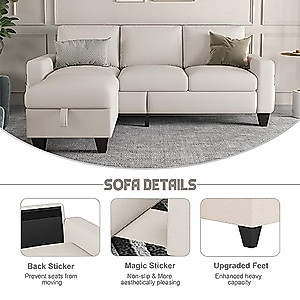 ZeeFu Convertible Sectional Sofa Couch,Beige Linen Fabric Modern 3-Seat L-Shaped Upholstered Sofa Couch Furniture with Storage Reversible Ottoman and Pockets for Living Room Small Space Apartment