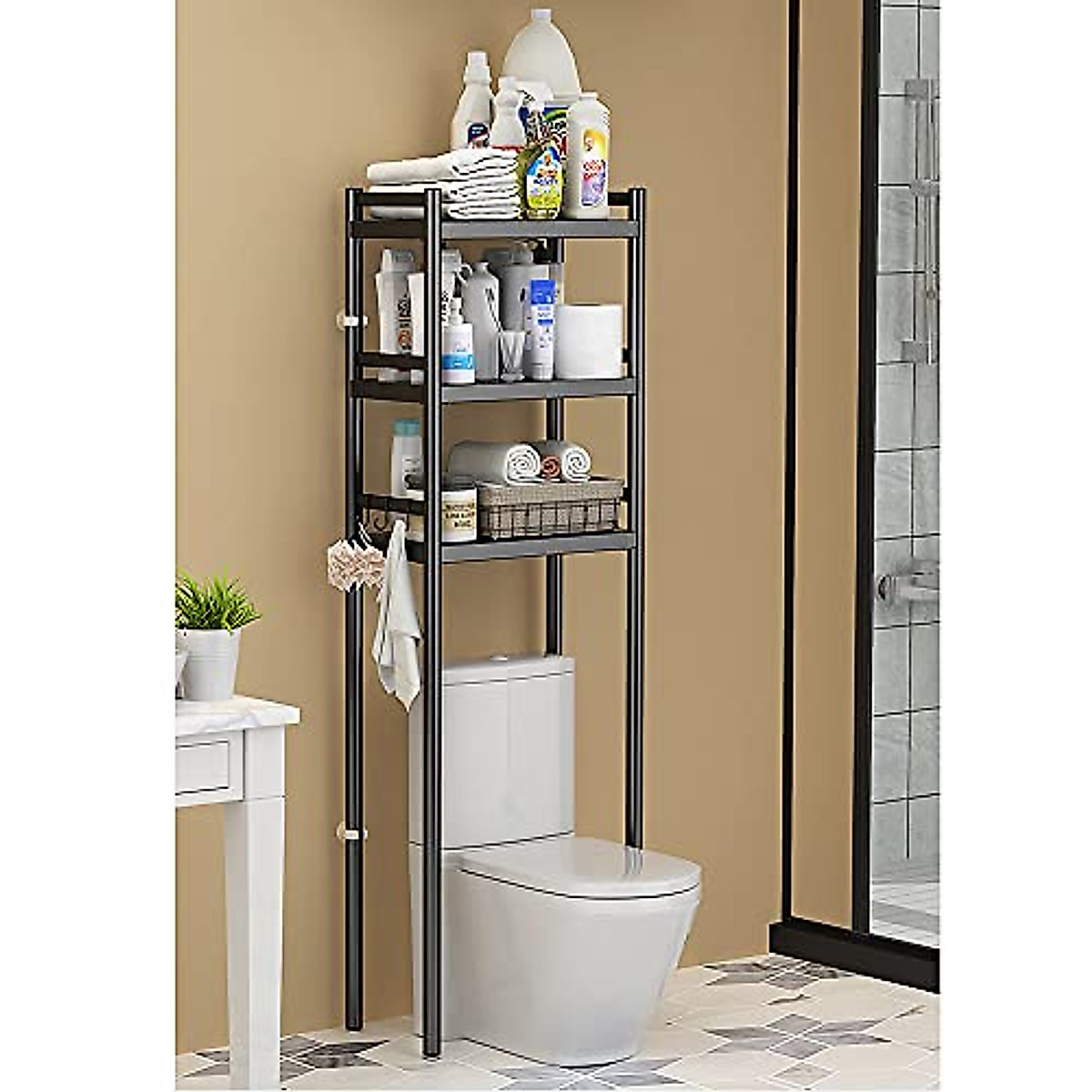 WPT Over-The-Toilet Storage, 3-Tier Bathroom Organizer with Shelves, Space Saver Toilet Rack, Stainless Steel, Easy to Assembly, Black