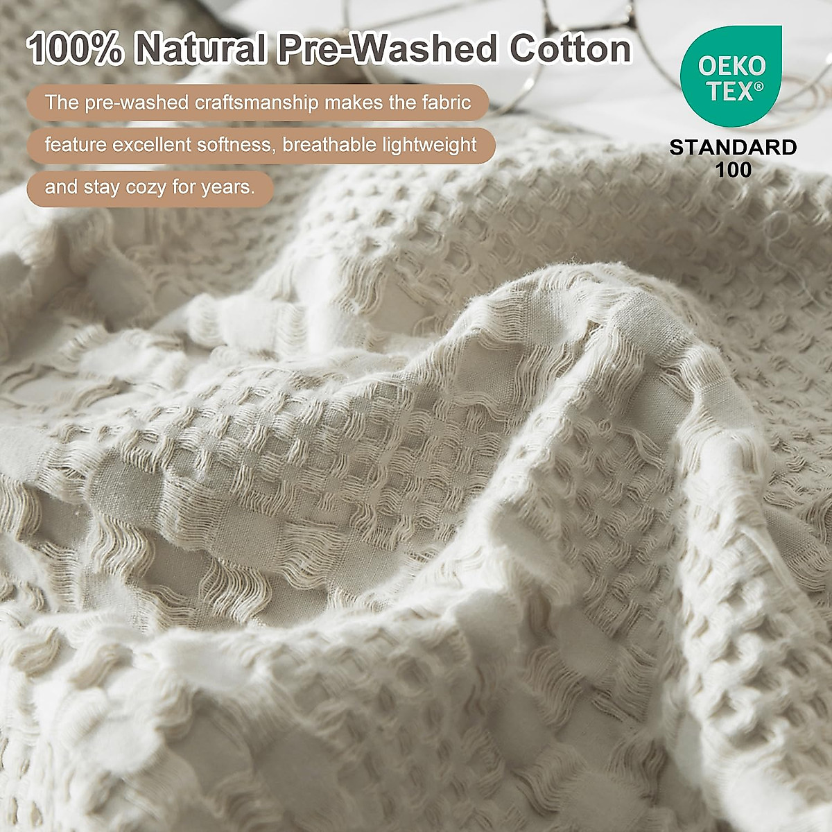 Ivellow Duvet Cover King Waffle Weave Duvet Cover Set 100% Cotton Textured Khaki Duvet Cover Cozy Soft Breathable King Duvet Cover Skin-Friendly Luxury Comforter Cover Bedding Set All Season 104"x90"