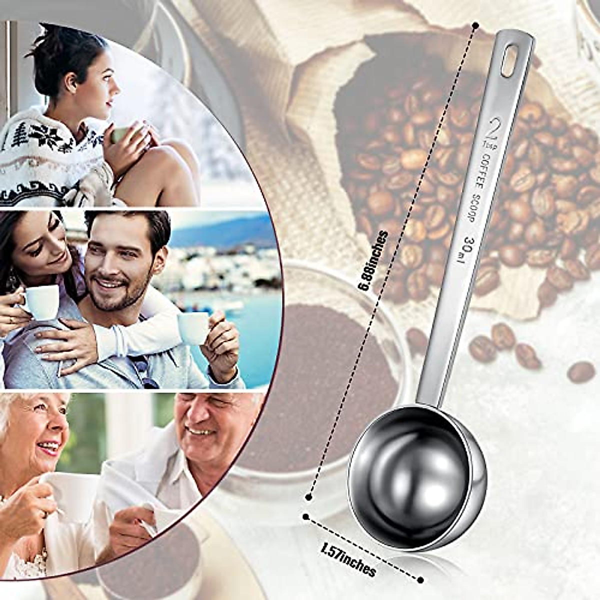 4 Pieces 2 Tablespoon Scoops with Long Handle, 30 ml Stainless Steel Coffee Spoon for Coffee Milk Fruit Powder, Measuring Dry and Liquid Ingredients, Spice Jar, Cooking Baking, Leveler