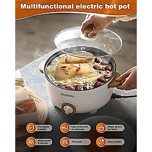 RUNHU Electric Hot Pot with Steamer, 4L Non-Stick Electric Frying Pan with Multi-Power Control, 3.1" Depth Multifunctional Cooker with Overheating Protection for Shabu Shabu, Noodles, Sauté (White)