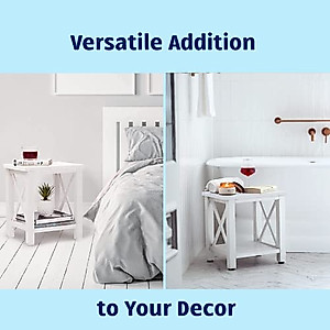 Shower Bench Waterproof - Bathroom Stool with Storage Shelf - Wood Style Bathroom Bench - Small Shower Stool for Shaving Legs - Non-Slip Adjustable Feet - Shower Seat Doubles as a Corner Shower Stool