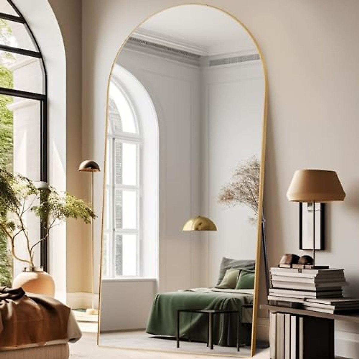 ABSWHLM 71"x32" Arched Mirror Full Length Large Mirror with Stand Aluminum Alloy Frame Floor Mirror for Living Room, Bedroom Hanging Standing or Leaning Wall-Mounted, Gold