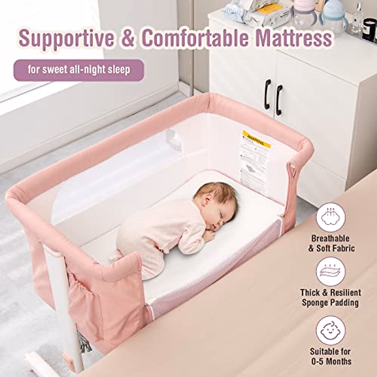 GLACER 3 in 1 Baby Bassinet, Portable Bedside Sleeper w/ Cradle Mode, Removable Mattress, Adjustable Height, Storage Pockets & Lockable Wheels, Newborn Infant Travel Crib Bed w/ Carry Bag, Pink