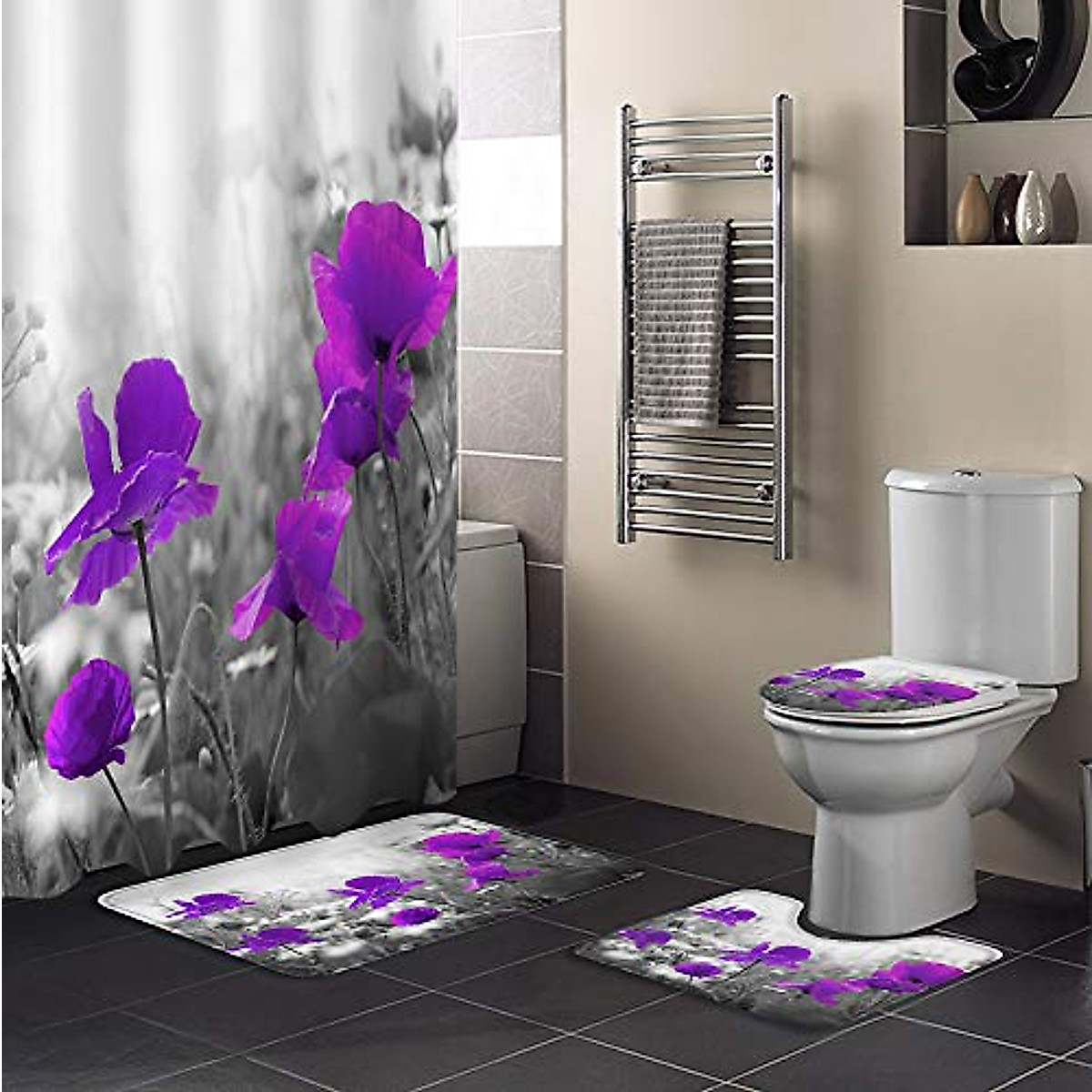 4 Pieces Bathroom Shower Curtain with Mats Set Purple Poppy Floral Grey Botanical Back,Non-slip Bath Rugs Toilet Lid Cover and U-shaped Carpet,Elegant Flower Watercolor Doormats Waterproof Curtains