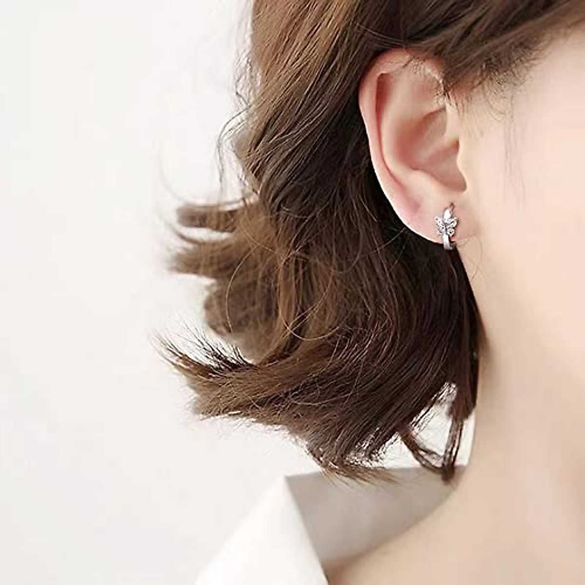 Cute Butterfly Sleeper Small Hoop Earrings Sterling Silver 925 CZ Crystal Huggie Cartilage Tragus Mini Hoops Earring Piecing Dainty Jewelry Gifts for Women Teen Girls (White Gold)