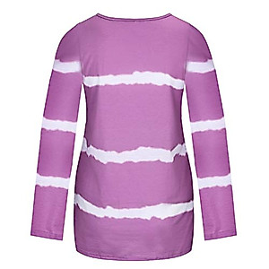 ESKNAS Womens Pullover Tops Autumn Tie-Dye Stripe Print Long Sleeve T-Shirts Button Scoop Neck-Henley Shirts (Purple,L)