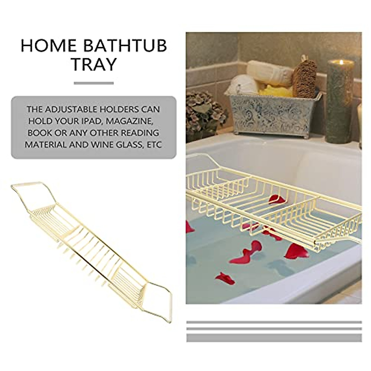 STOBOK Bathtub Tray Expandable Stainless Steel Over Bath Tub Racks Bathroom Shelf Organizer for Home Gold