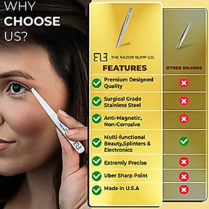 Razor Bump Co. Professional Micro Slant Tweezer, made in USA, Best Precision Tweezers for Eyebrows, Chin Hair, Ingrown Hair Removal – Surgical Grade, Rustproof, Non-Irritating Stainless Steel