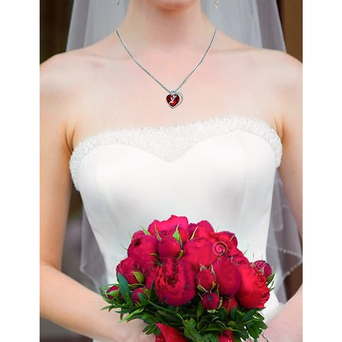 SILVERKITY 925 Sterling Silver Rose Flower Heart Birthstones Necklace for Women with Austria Crystal, Pendants Gifts, Anniversary Birthday Jewelry Gift for Wife Mom Daily Wear