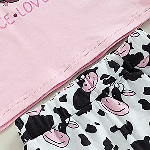 Western Baby Girl Outfits Funny Letter T Shirt Top+Cow Print Long Flare Pants Set Summer Spring Clothes 2Pcs (Pink Peace Love Moo, 18-24 Months)