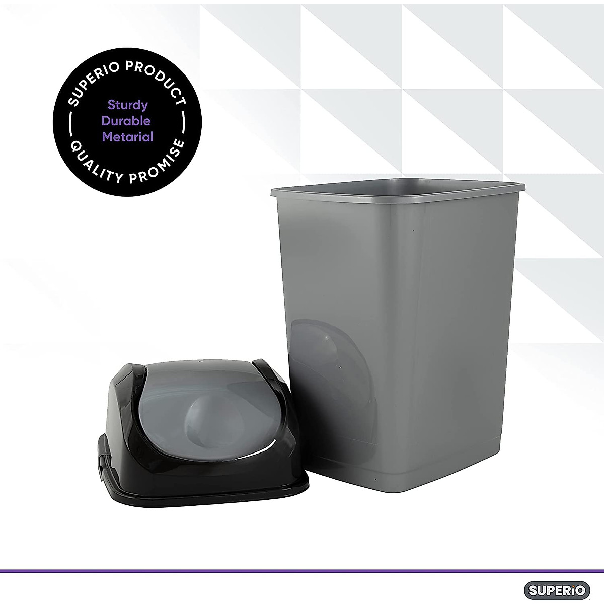 Superio Trash Can for Dorm Room with Lid 4.5 Gallon Plastic Garbage Can with Swing Top Lid, Medium Slim Waste Bin with Cover for Home, Kitchen, Office, Bedroom, Bathroom, College- 18 Qt (Gray/Black)