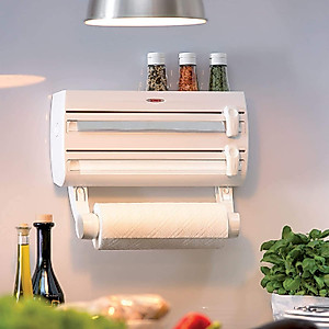 Leifheit 25771 4-in-1 Wall-Mount Paper Towel Holder | Plastic Wrap and Foil Dispenser with Spice Rack | White