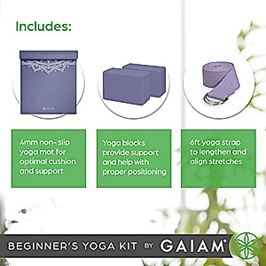 Gaiam Beginner's Yoga Starter Kit Set (Yoga Mat, Yoga Blocks, Yoga Strap) - Light 4mm Thick Printed Non-Slip Exercise Mat for Everyday Yoga - Includes 6ft Yoga Strap & 2 Yoga Bricks - Purple Marrakesh