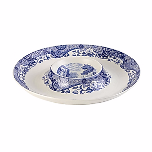 Spode Blue Italian Collection Chip and Dip Serving Tray, Use for Hosting, Display Appetizers, Cheese, Chips, and Salsa, 14.5-inch, Microwave and Dishwasher Safe