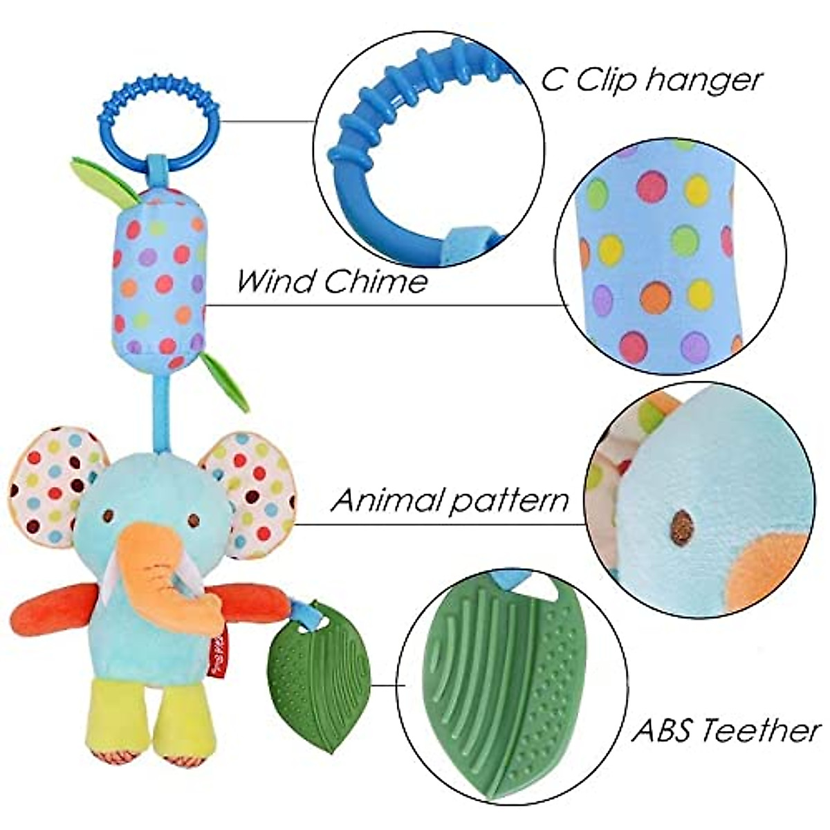 Bivan Baby Toy Soft Hanging Rattle Learning Toy with Teethers Plush Animal C-Clip Ring Infant Newborn Stroller Car Seat Crib Travel Activity Wind Chimes Hanging Toys for Boys Girls, 4 Pack
