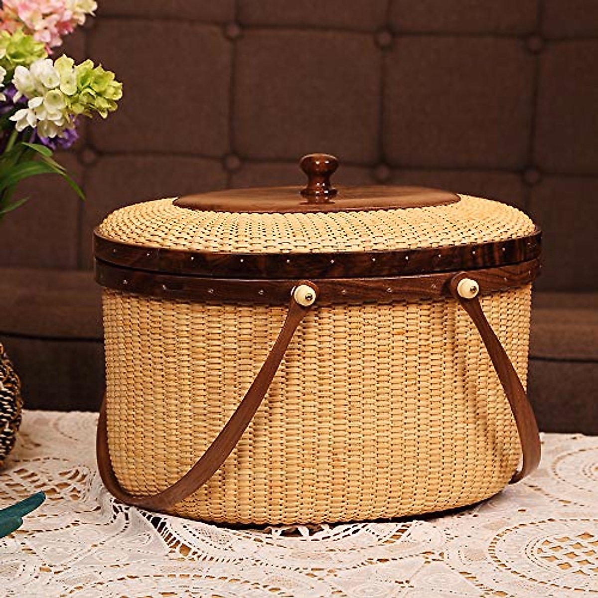 Nantucket Basket Picnic Basket Rattan Handmade Products Woven Sewing kit Storage Basket Two Swing Handles