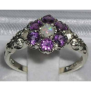 LetsBuyGold 925 Sterling Silver Real Genuine Opal and Amethyst Womens Band Ring - Size 7