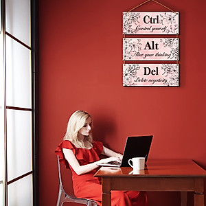 3 Pieces Pink Wall Decor for Girl Room Wall Decor Floral Wooden Wall Hanging Wall Art Inspirational Office Wall Decor with Positive Quotes Ctrl Alt Del Wall Sign for Girl Women Bedroom Bathroom(Pink)