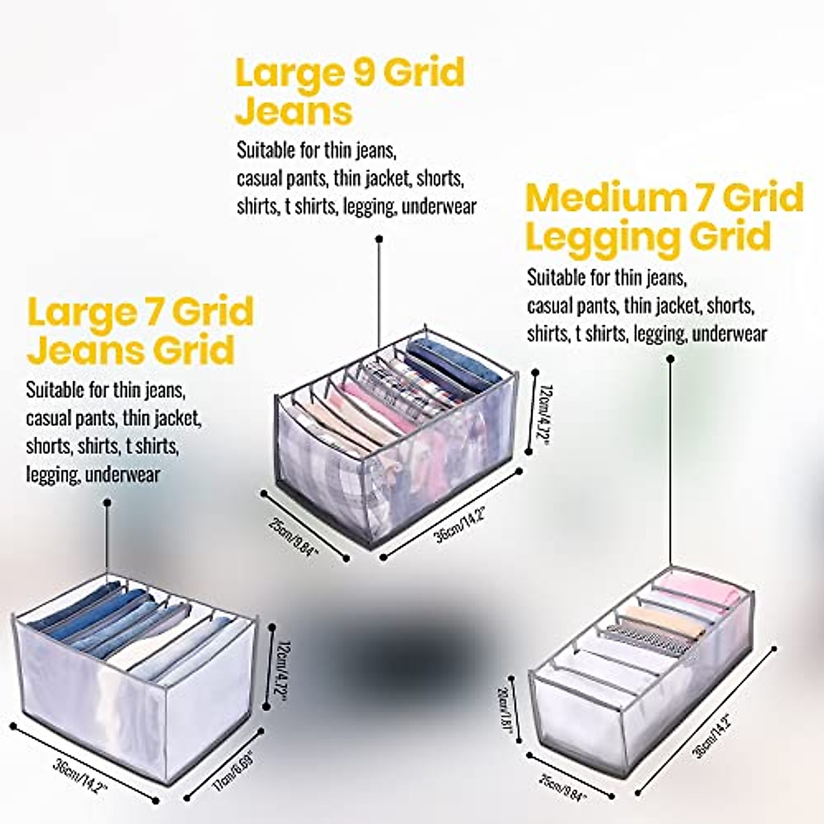 Drawer & Wardrobe Clothes Organizer for Folded Clothes - Transparent Mesh Closet and Drawer Organizers for Jeans, Pants, Leggings, T-Shirts and More (3 Pack)