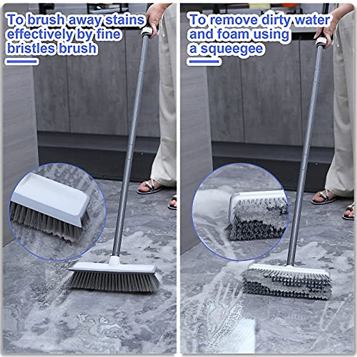 Rubber Broom with Squeegee for Carpet Pet Hair Remover and Floor Scrub Brush with 58" Long Handle,Brush for Cleaning Bathroom,Patio,Hardwood Floor