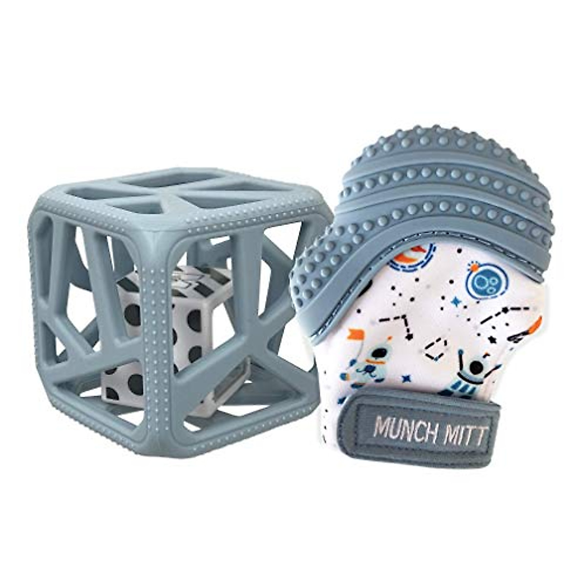 Malarkey Kids Munch Mitt and Chew Cube 2-Pack | Baby Teething Mitten Protects Hands from Chewing & Saliva, Heals Aching Gums, Promotes Sound & Visual Stimulation (Steel Blue and Outer Space)