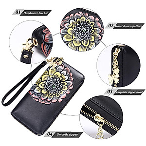 FEITH&FELLY Women RFID Blocking Wallet Embossed Genuine Leather Wristlet Clutch Purse Handbag