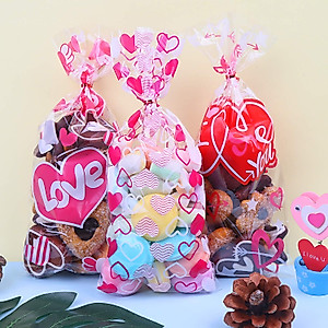 DIYASY Valentine Cellophane Candy Bags,150 Pcs Treat Bags Heart and Love Shape Goodie Bags with 180 Twist Ties for Valentine's Day Party Favor