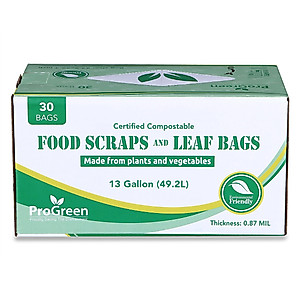 ProGreen Compostable Bags 13 Gallon, 30 Count Tall Kitchen Compost Trash Bag, Extra Thick 0.87 Mil, Food Scrap Yard Waste Bags, Compost ASTM D6400 BPI and TÜV AUSTRIA Certified