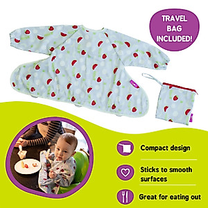 Tidy Tot - Cover & Catch Baby Bib - Mess Proof Long Sleeve Feeding Smock with Food Catcher Pocket - Attaches to Highchair - Waterproof Bib – Machine Washable. Fits 6-24 months - Fruit