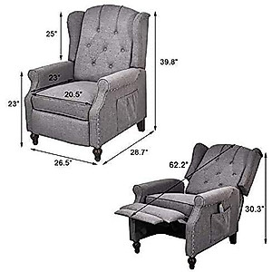 BINGTOO Recliner Chair with Massage and Heat 2 Chairs Set- Accent Chairs for Living Room- Tufted Fabric Push Back Recliner Chair, Footrest and Nailhead Trim, Wooden Legs, Wingback (Double, Gray)