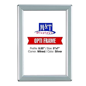 M&T Displays Opti Snap Poster Frame 5x7 Inch with Back Support Silver 0.55" Aluminum Profile Front Loading Photo Picture Document Certificate Sign Holder Mitered Corner Anti Glare Cover