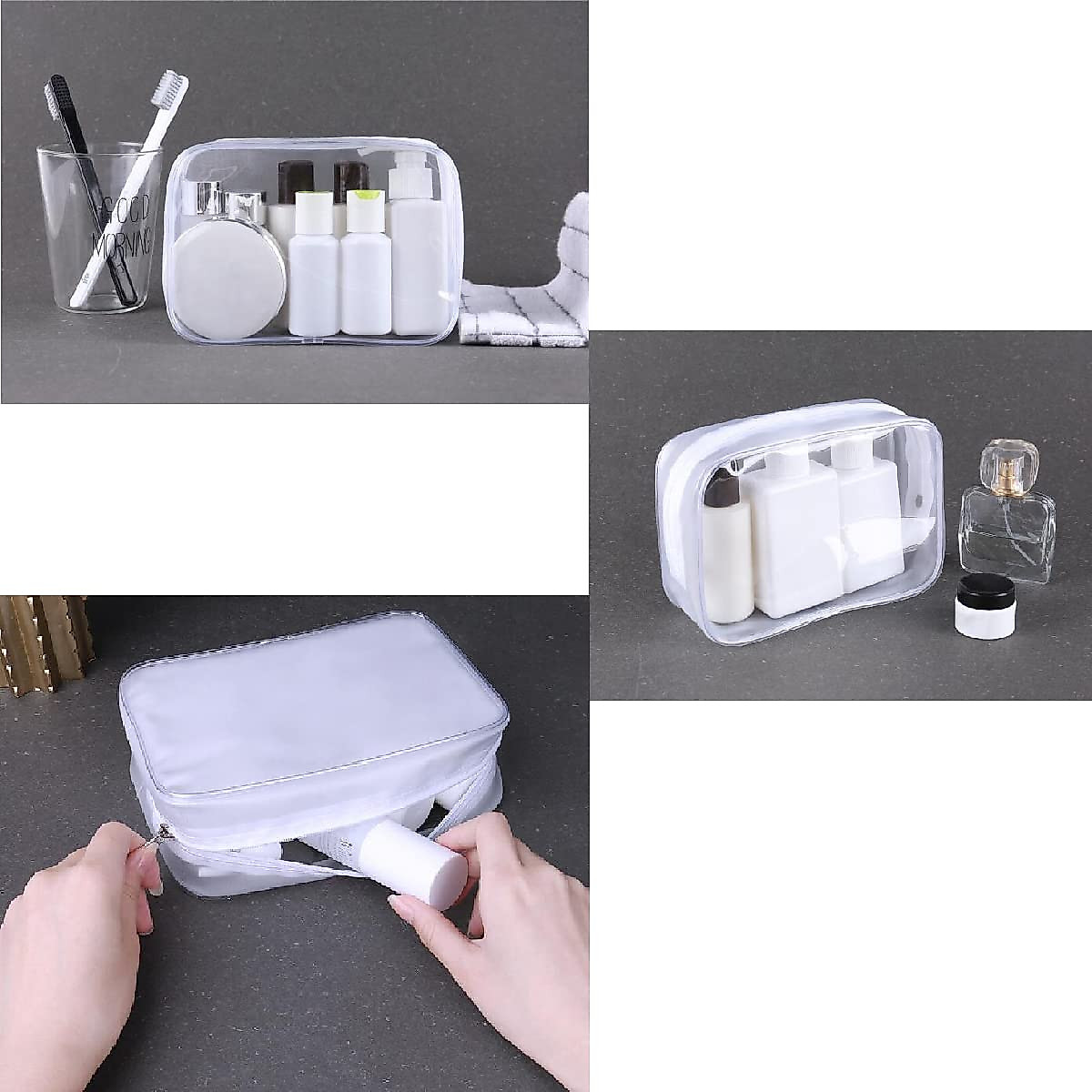BEFORYOU 6 Pack Clear Toiletry Carry Pouch with Zipper Portable Plastic Waterproof Cosmetic Bag TSA Approved for Vacation Travel Bathroom and Organizing (White, Small and Large)