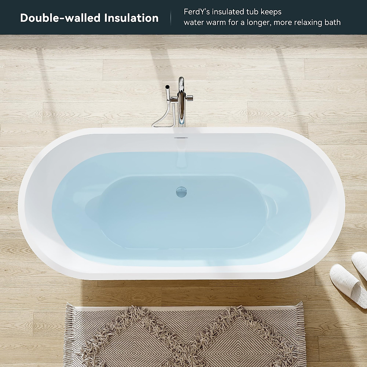 FerdY Bali 59" Acrylic Freestanding Bathtub, Gracefully Shaped Freestanding Soaking Bathtub, Toe-Tap Chrome Drain and Classic Slotted Overflow Included, Glossy White, cUPC Certified