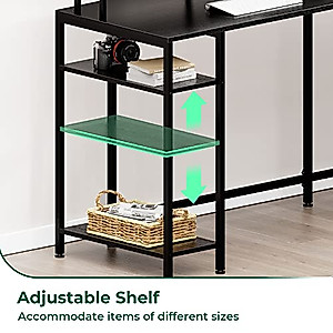 Huuger L Shaped Desk with Power Outlets & LED Lights, Reversible Computer Desk with Storage Shelves & File Cabinet, Corner Desk Home Office Desk, Black