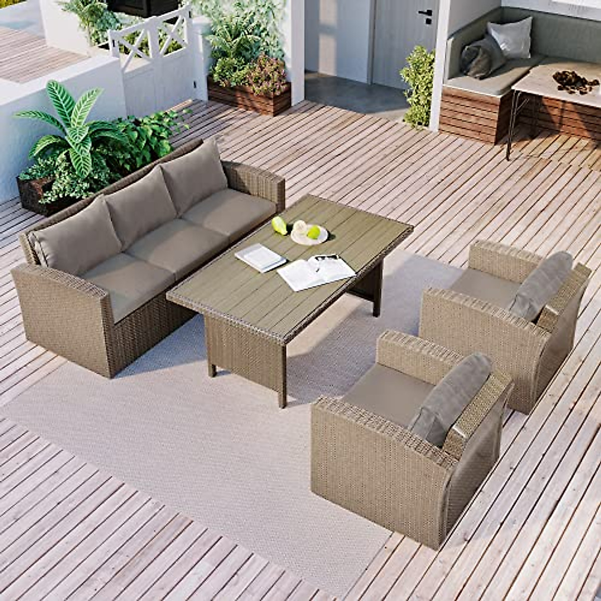 DHPM 4 Piece Patio PE Rattan Wicker C, Outdoor Sectional Conversation Furniture Chair Set Table, 3 Sofa with Cushions, 5 Seats for Garden, Poolside, Backyard, Gray