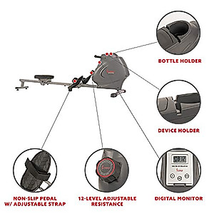 Sunny Health & Fitness Compact Folding Magnetic Rowing Machine with LCD Monitor, Bottle Holder, 43 Inch Slide Rail, 285 LB Max Weight - Synergy Power Motion - SF-RW5801, Gray